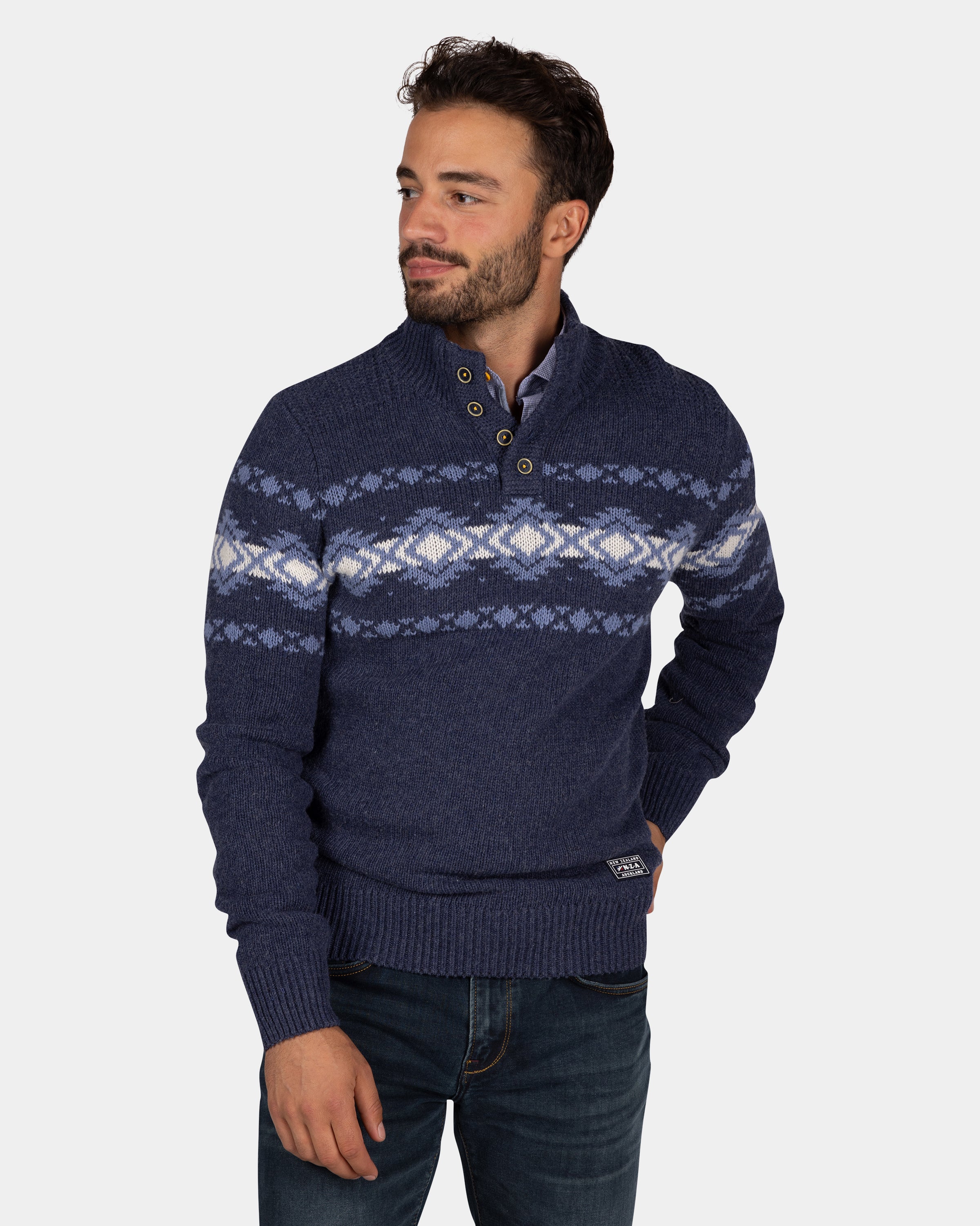 Blauwe pullover met knopen en lichtblauw motief - Tin Blue | NZA New ...