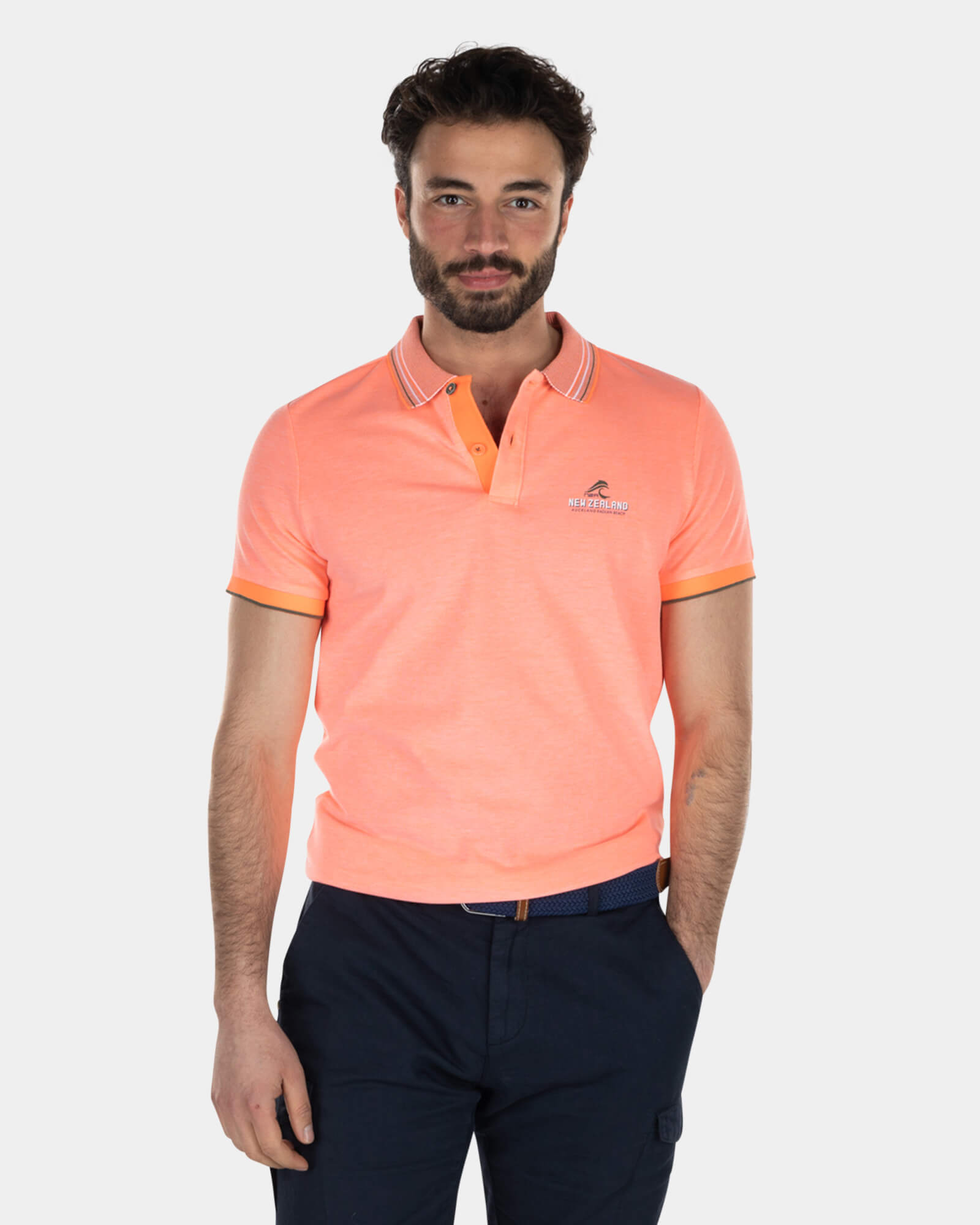 Brightly colored polo shirt with striped collar - High Summer Orange ...