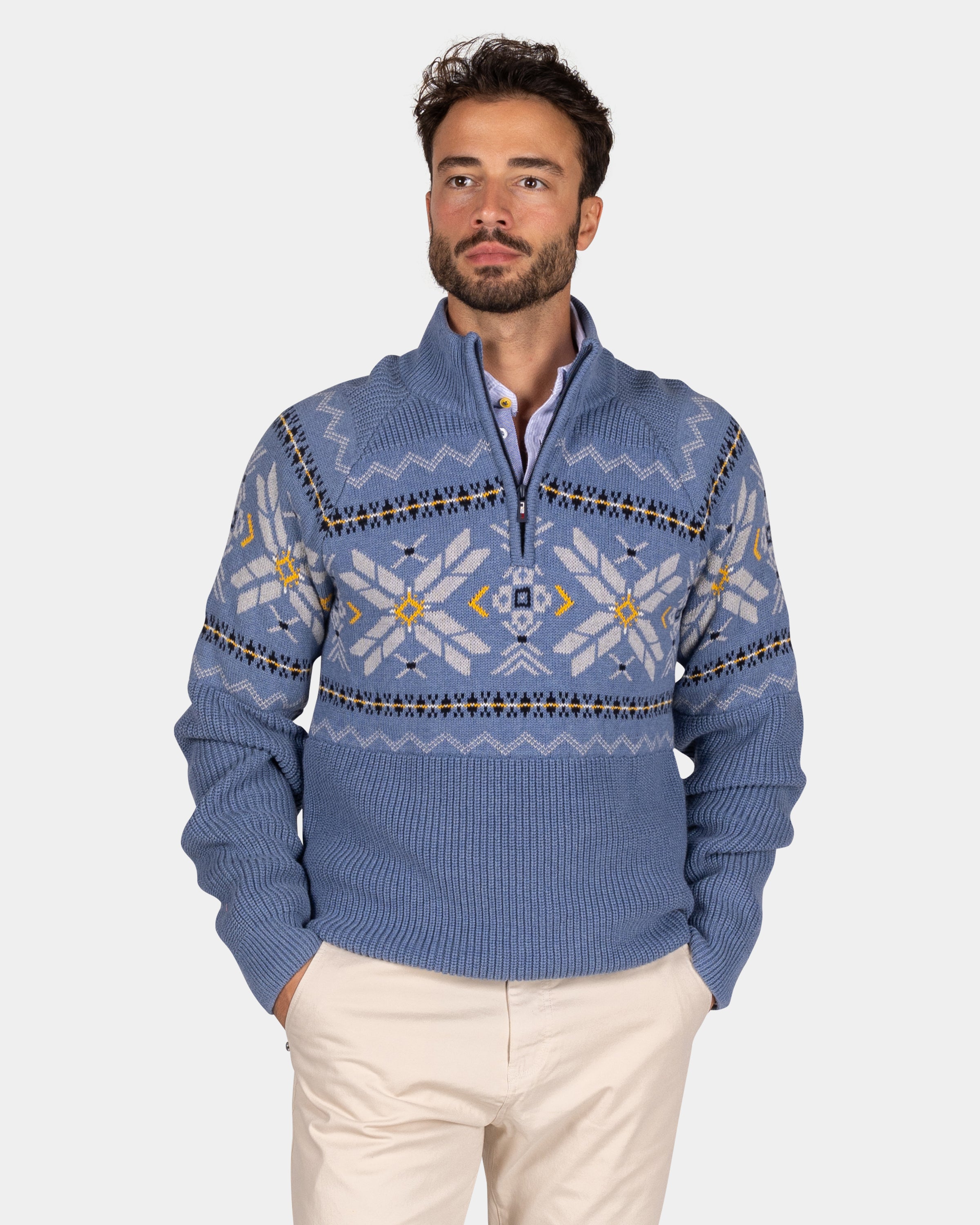 Blue half-zip pullover with colored pattern - Mineral Blue | NZA New ...