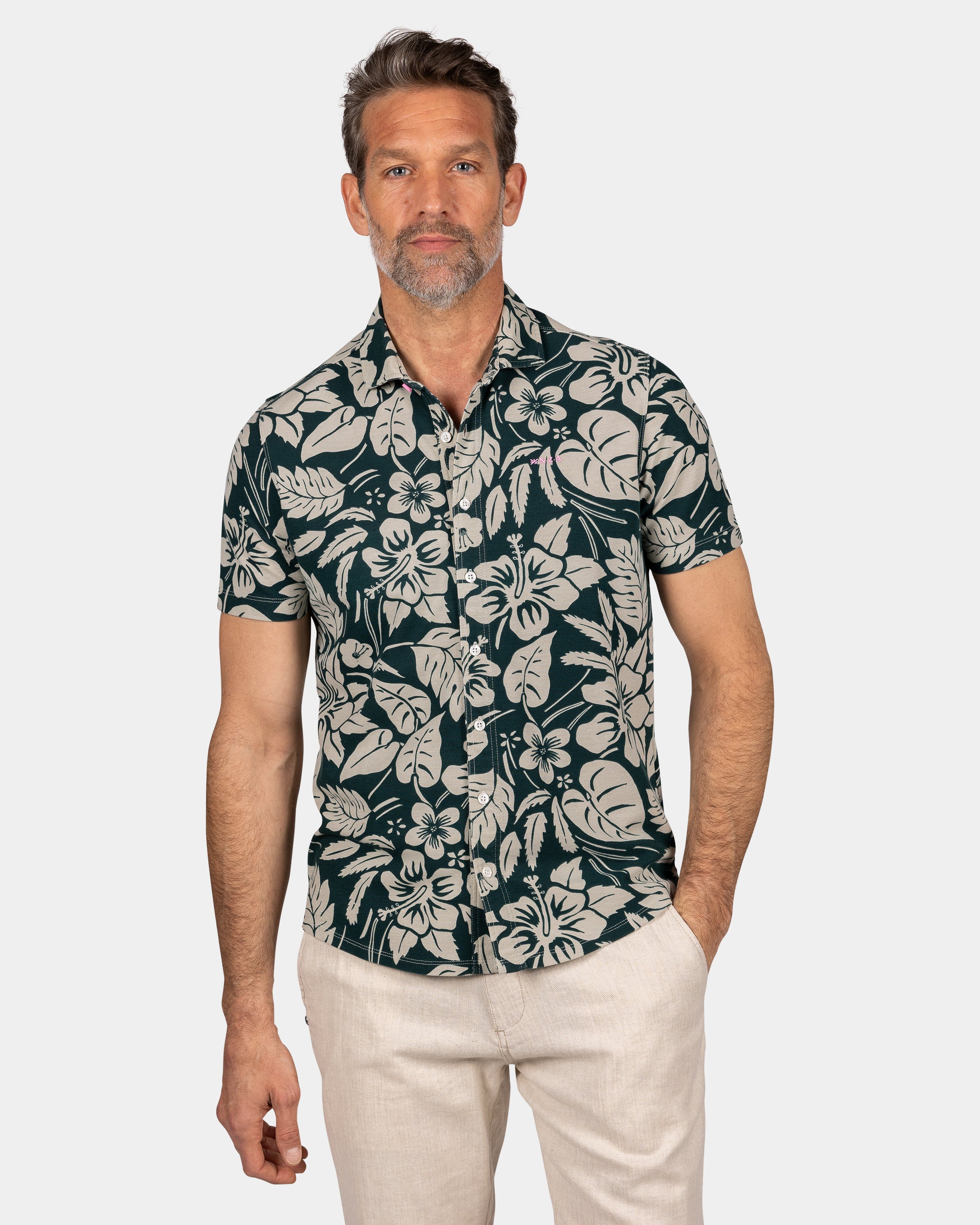 Groen overhemd met witte bloemen - Classic Green | NZA New Zealand Auckland