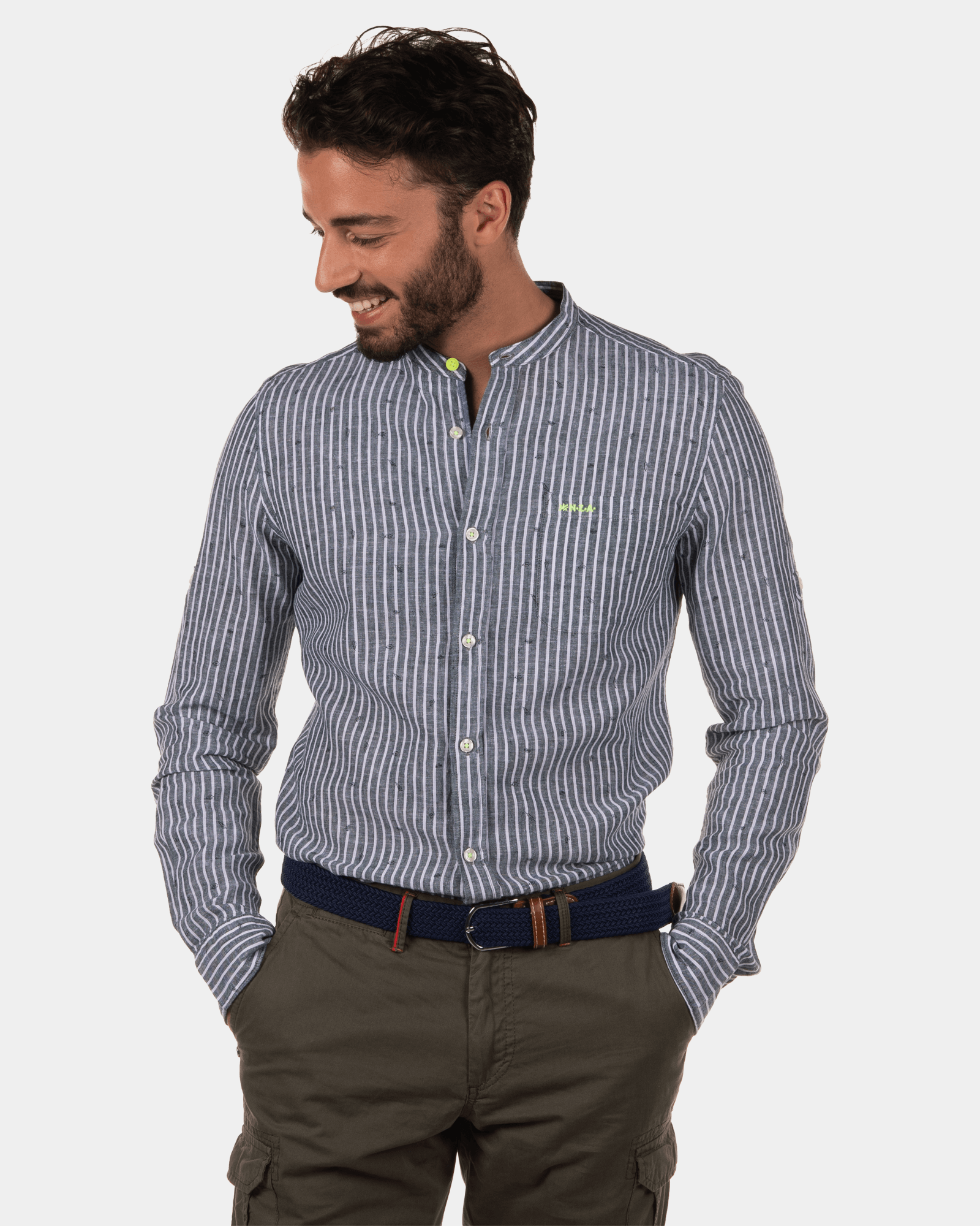 Rotonuiaha striped linen shirt without collar - Lead Green | NZA New ...